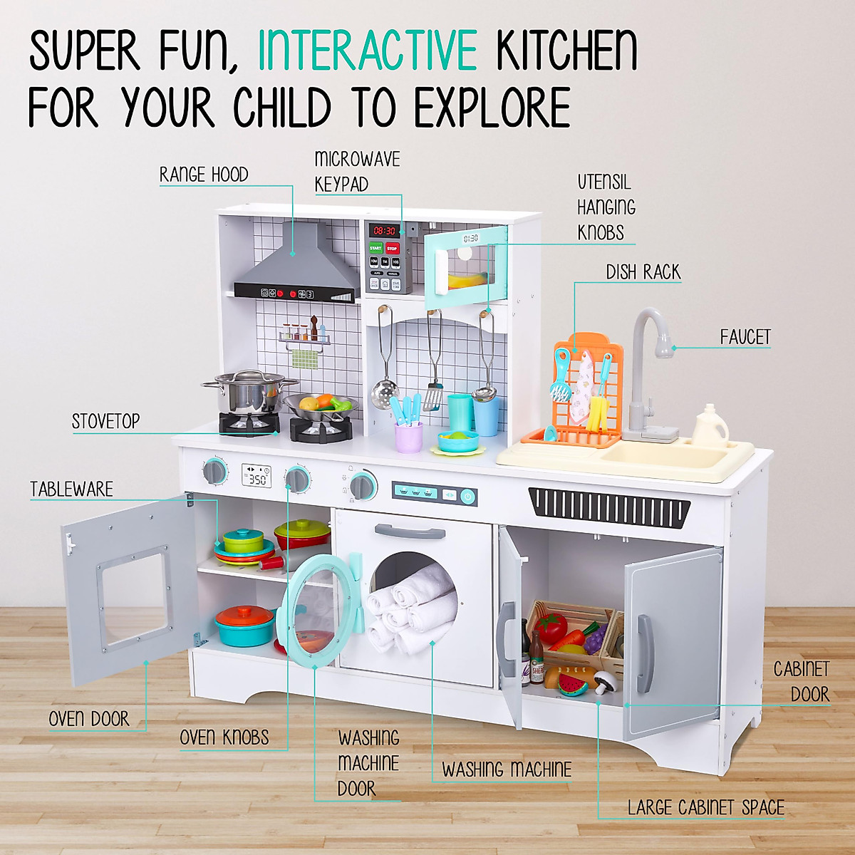 Lil’ Jumbl Kids Wooden Kitchen set, Pretend Working Sink with Real Running Water, includes Range Hood, Microwave & Stove Top That Make Realistic Sound & Light, Full Accessory Set Included