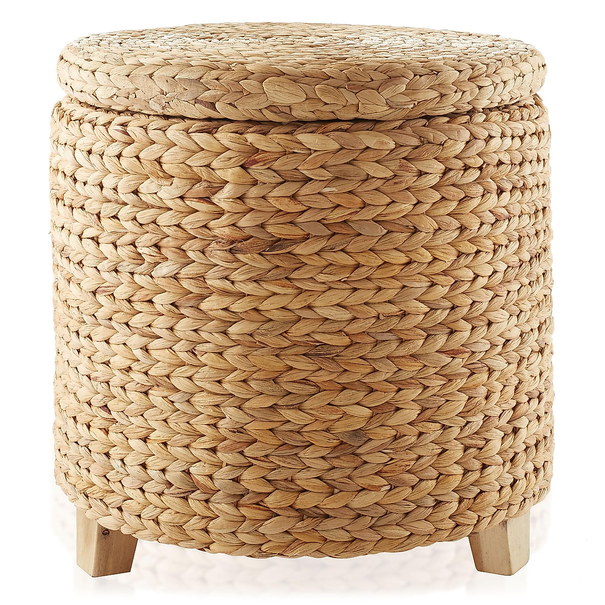 Casafield 17" Round Storage Ottoman with Lid - Natural, Handwoven Water Hyacinth Footstool for Living Room, Bedroom, Bathroom, Home Office
