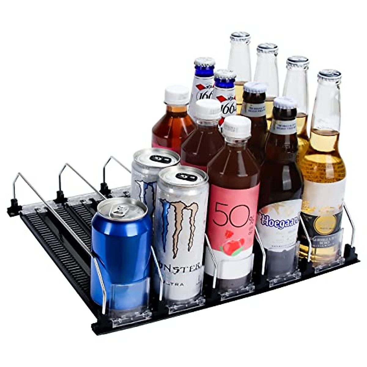 Drink Organizer for Fridge, Soda Can Organizer for Refrigerator, Width Adjustable Pusher Glide, Self-Pushing Drink Dispenser Beer Pop Can Water Bottle Storage for Pantry, Kitchen
