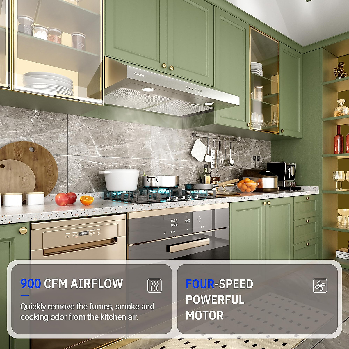 AROAN 30 inch Under Cabinet Range Hood with 900 CFM, Slim Stainless Steel Vent Hood for Kitchen with 4 Speed Soft Touch Switch, Reusable Aluminum Mesh Filters, Adjustable LED Lights (ANC02-30A)