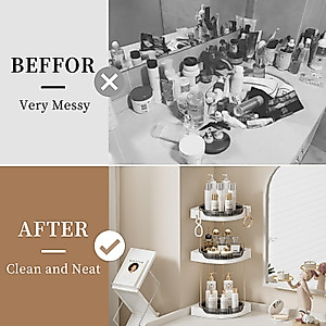 akinbas 3 Tier Corner Bathroom Counter Organizer 360° Rotating Countertop Perfume Tray and Vanity Makeup Cosmetic Storage Corner Counter Shelf for Bathroom Dresser Kitchen (Grey)