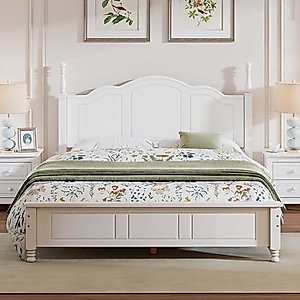 Queen Size Classic Wood Platform Bed Frame with Headboard, Solid Wood Foundation / No Box Spring Needed / Wood Slat Support / Easy Assembly for Family Bedroom Apartment Boys Girls Room (White, Queen)