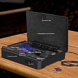 Biometric Gun Safe for Pistols, Wall Mounted Fingerprint Handgun Safe Lock Box for Bedside Car Nightstand Drawer Closet -with Security Cable/Light/Safe Organizer