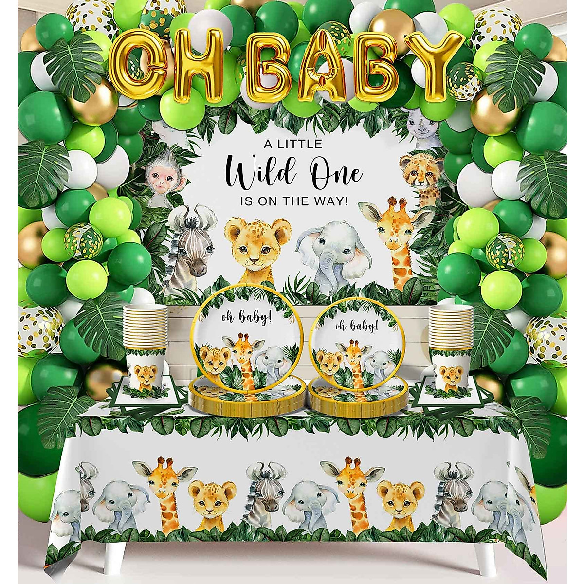 Yuzioey 224PCS Safari Baby Shower Decorations, Jungle Animals Oh Baby Party Supplies, Safari Disposable Dinnerware (Serve 24 Guests)with Paper Plates Cups, Backdrop Tablecloth Balloon Garland Kit