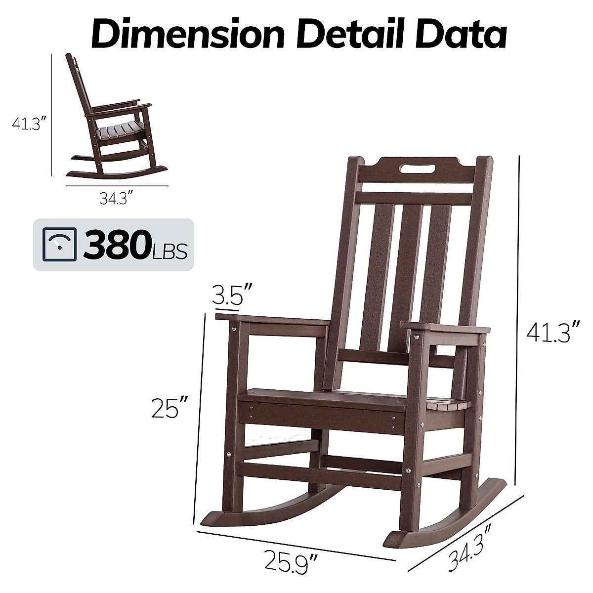 HYDRAGARDEN Outdoor Rocking Chairs, HDPE Oversized Patio Porch Rocker with 380lbs Weight Capacity, All-Weather Indoor Outdoor Rocking Seat for Deck Lawn Yard (Brown)