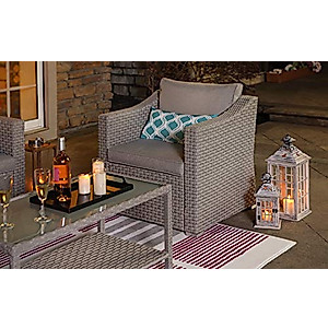 COSIEST 4-Piece Patio Furniture Sectional Sofa All-Weather Outdoor Wicker Conversation Set w Warm Gray Cushions, Glass Coffee Table, 4 Teal Pattern Pillows for Deck, Backyard, Pool