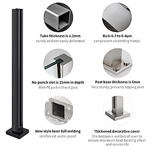 Glass Balustrade Post 37" Corner Post, 304 Stainless Steel Black Glass Railing Post with Spigot Slots & Sturdy Base for Steps, Balcony, Stairway, Deck, Patio Stairs(Cannot Add Handrail Version)