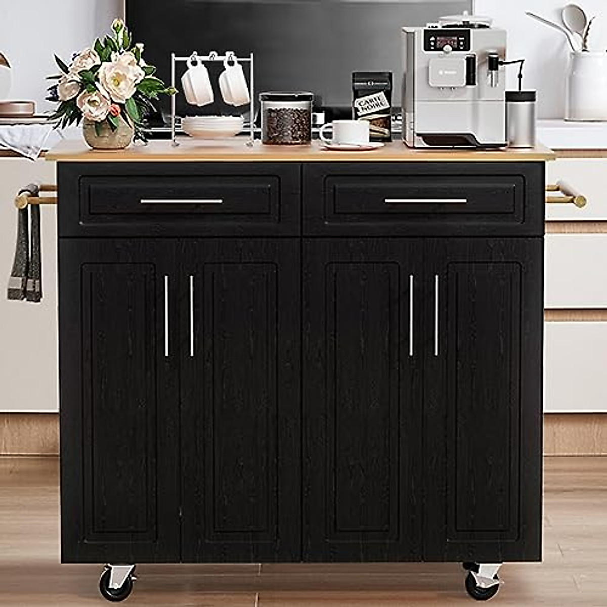 Kitchen Islands with Storage, Kitchen Carts and Islands Rolling Kitchen Island Storage Cabinets on Wheels with Drawers, Towel Rack and Shelves in Dining Room, Black