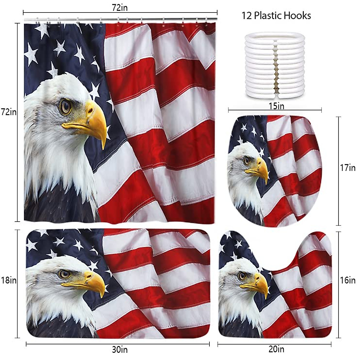 LOKMU 4 Pcs Shower Curtain Set 4Th of July American Flag Bald Eagle Independence Day Patriotic with Non-Slip Rugs Toilet Lid Cover and Bath Mat Waterproof with 12 Hooks Bathroom Decor Set 72" x 72"