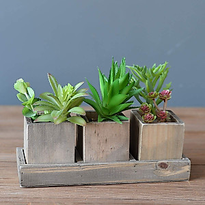 Set of 3 Fake Succulents Plants, Artificial Succulents with Rustic Style Wood Square Pots & Rectangular Tray, Desktop herb Garden Mini Faux Succulents for Home Décor