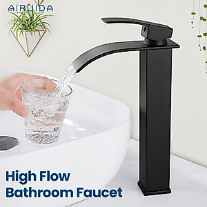 Airuida Vessel Sink Faucet, Matte Black Waterfall Spout Bathroom Faucet, Tall Single Handle One Hole Bowl Mixer Tap, Waterfall Spout Lavatory Vanity with Pop Up Drain