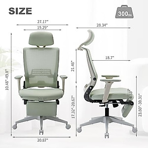 Ergonomic Mesh High Back Desk Chair, Adjustable Headrest Office Chair with 5d armrest and Foot Rest, tilt Function max 128° Computer Desk Swivel Chair with Wheels (Green)