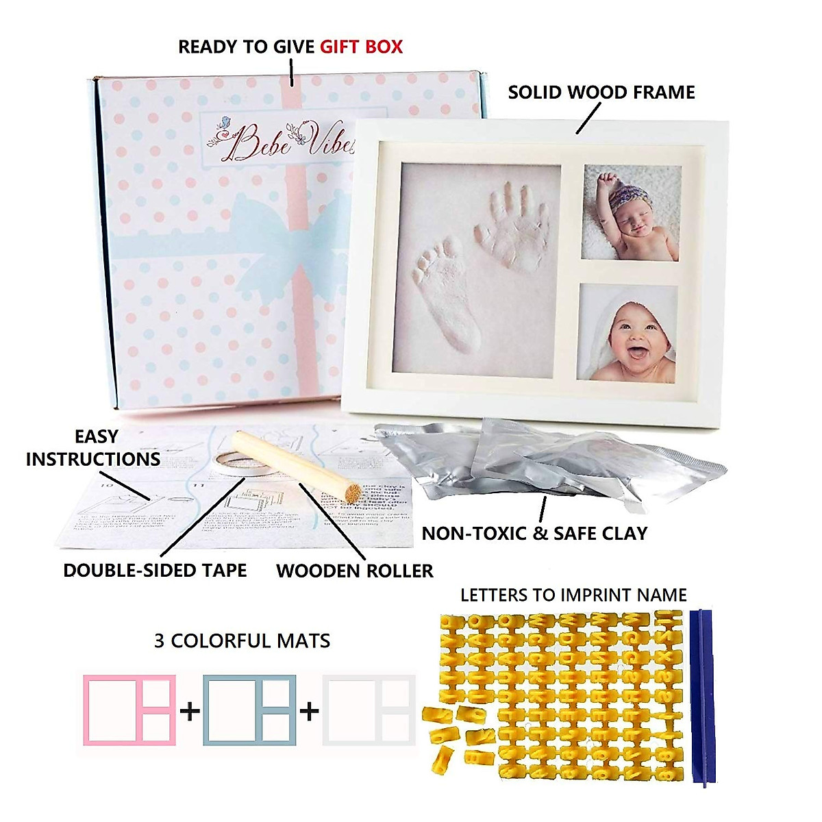 Personalized Baby Handprint and Footprint Kit (NO Mold) | Unique Baby Shower & New Mom Gift with Box | Baby Registry Must Have for Newborn Boy & Girl | DIY Photo Frame Keepsake | Nursery Room Decor