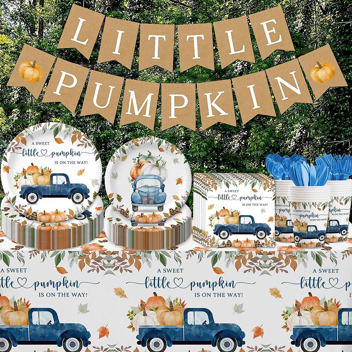 Yuzioey 177pcs Pumpkin Baby Shower Decorations, A Little Pumpkin is On The Way, Fall Pumpkin Disposable Dinnerware (Serve 25 Guests)with Paper Plates Cups Napkins, Banner Tablecloth