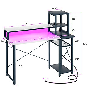 armocity 2024 Upgrade Gaming Desk with LED Lights, Small Computer Desk with Long Monitor Stand, 40'' Reversible Laptop Table with Shelves, Small Desk for Small Spaces, Gaming Room, White and Blue
