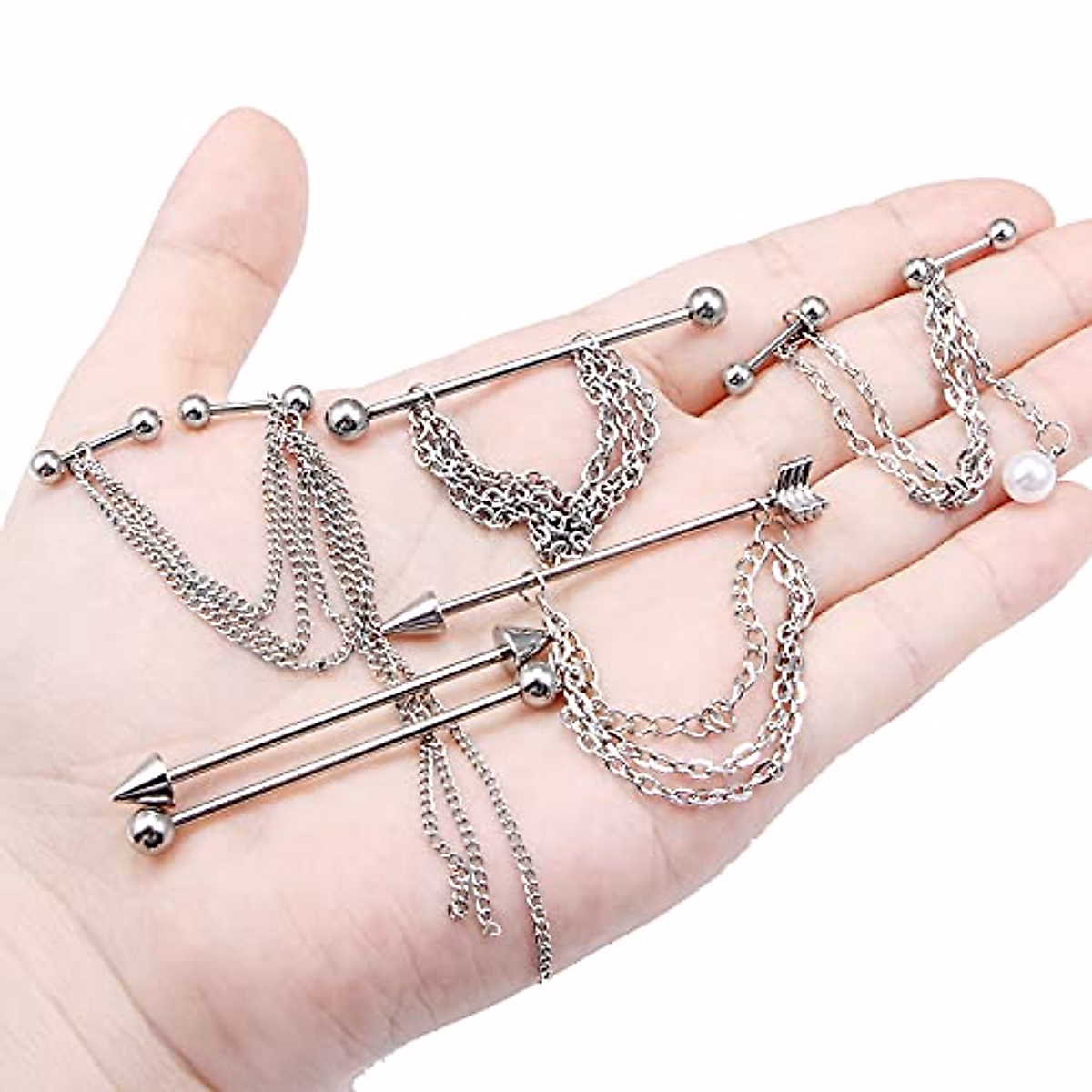 Dyknasz 14G Stainless Steel Industrial Earrings with Chain Dangle Industrial Piercing Jewelry Cartilage Earring Industrial Barbell for Women Men 38mm 1&1/2 Inch