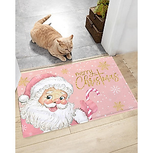 Christmas Pink Santa Claus Floor Door Mats Shag Carpet,Xmas Gold Foil Snowflake Non Slip Super Soft Bath Rugs,Winter Snow Shaggy Fuzzy Area Rug for Kitchen/Bathroom/Bedroom/Living Room Decor 16x24in