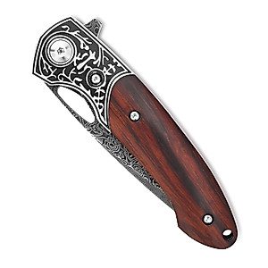 Siitivien ST205 Damascus Steel Folding Knife, VG10 Core Blade, Desert Ironwood+CNC Precision Carving Handle Pocket Knife, EDC Tatical Tool Knife for Outdoor, Camping, Hunting, Hiking, Survival … …