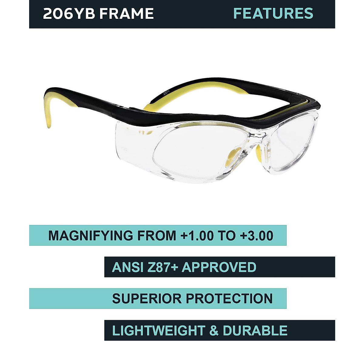 Safety Reading Glasses 206YB with Full Clear Magnifying Lenses, 1.00 to 3.00 Diopter, ANSI Z87 Approved (Black/Yellow, 1.75, x)