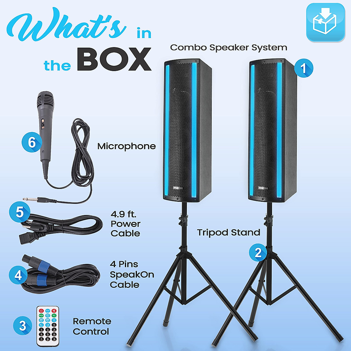 Pyle Portable Bluetooth PA Speaker System - 3-Way Active & Passive Outdoor Bluetooth Speaker Portable PA System w/ Microphone In, Party Lights, FM Radio - Tripod, Remote - Pyle PS65ACT,Black