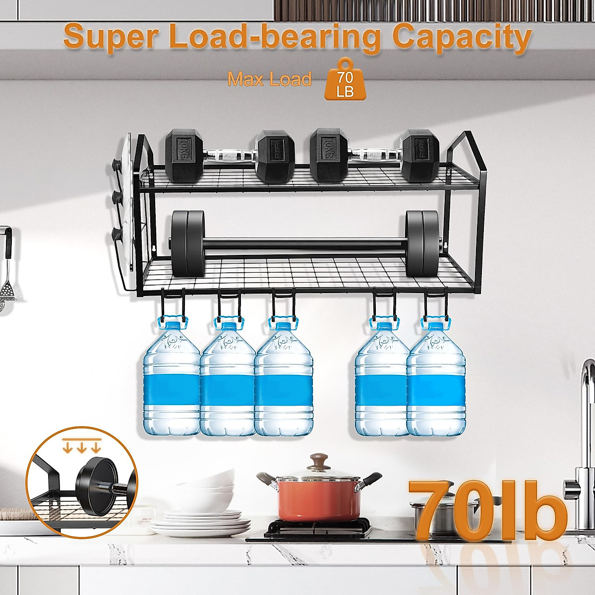 LADER 30Inch Wall Mounted Pot Rack, 2 Tiers Pots and Pans Organizer for Kitchen Organization & Storage, Large Size Black Hanging Pot rack, Wall Shelf with 5 connect Hooks