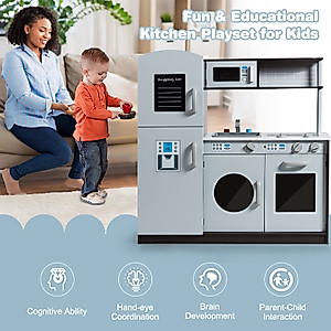 HONEY JOY Kids Kitchen Playset, Wooden Little Chef Pretend Toy Kitchen Set w/Sounds, Sink, Stove, Microwave, Storage Cabinet, Shop List, Play Kitchen for Toddlers, Gift for Boys Girls 3+, Gray