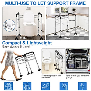 UGarden FSA/HSA Eligible Toilet Safety Rail, 380LB Stainless Steel Toilet Frame with Padded Handles&Paper Holder, Adjustable Detachable Handicap Toilet Rails, Foldable Toilet Support Frame for Elderly