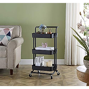 Poplarbox 3-Tier Rolling Utility Cart Metal Mesh Storage Shelves with Handles (Black)