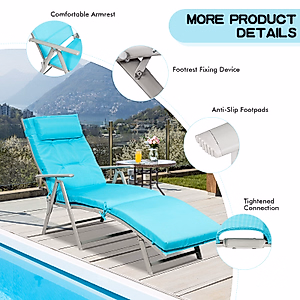 Giantex Chaise Lounge Chair for Outside, Pool Folding Reclining Beach Chair W/Removable Cushion&Headrest Pillow, Outdoor Lounge Chaise w/ 7 Backrest Positions, Portable Patio Lounger (1, Turquoise)