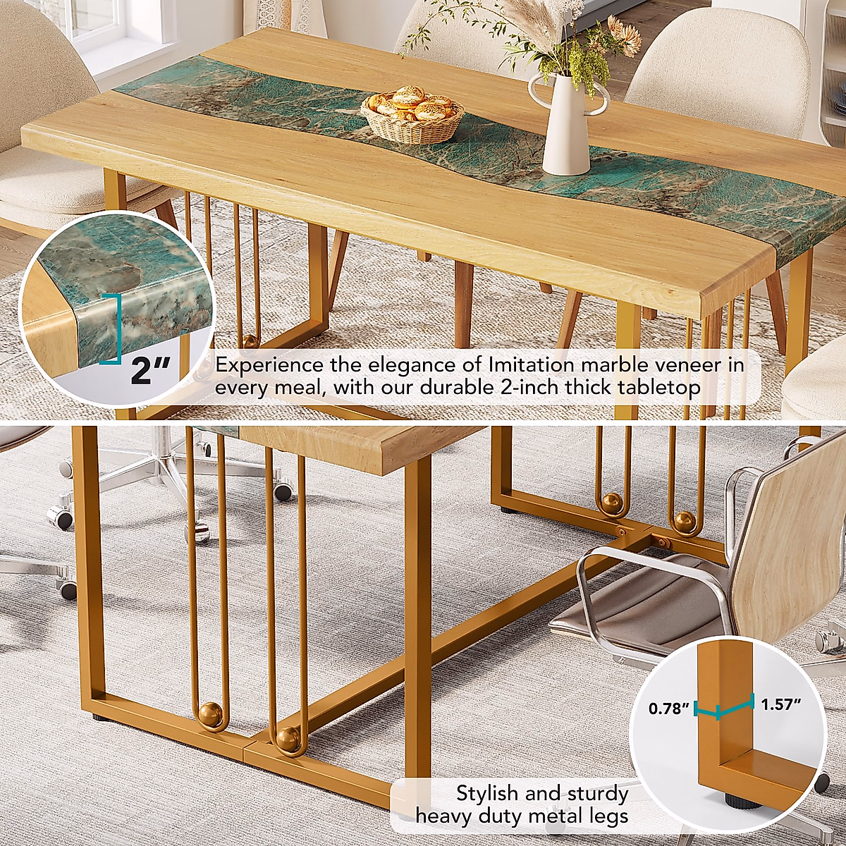 Tribesigns 63 Inches Conference Table with Amazonian Green Faux Marble & Light Brown Finish, Modern 5FT Meeting Tables with Stylish Metal Legs, Rectangular Business Seminar Training Table