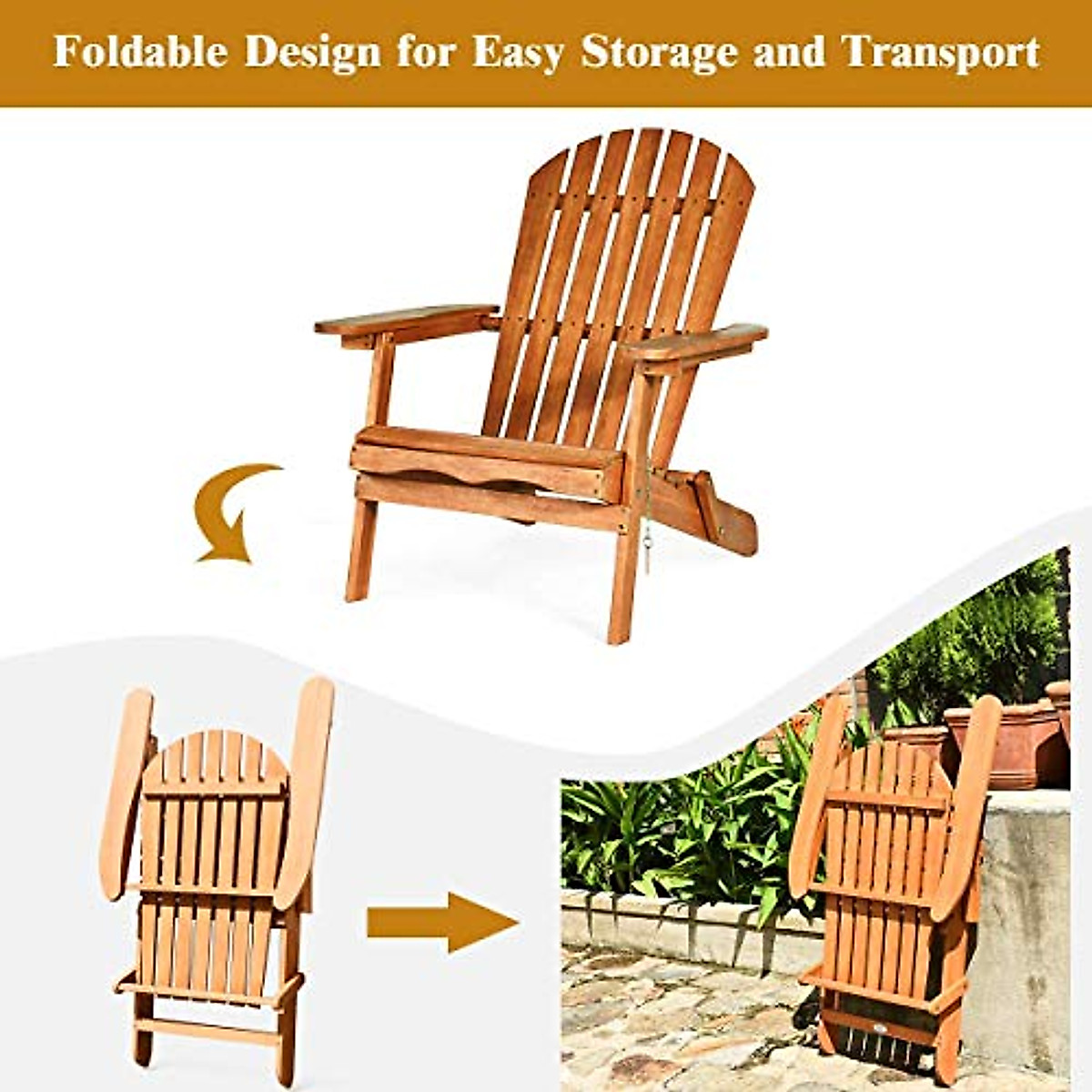ReunionG 3Pcs Adirondack Chair and Table Set, Outdoor Wooden Lounger Chairs Set w/Widened Armrest, Eucalyptus Frame, Natural Finish, Foldable Chatting Furniture Set for Indoor, Patio and Garden