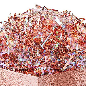 UNIQOOO 1/2 LB Metallic Iridescent Rose Gold Crinkle Cut Paper Shredded Filler, Rosy Pink Gold Grass Raffia Tissue, Strands Shred Craft Bedding Cushion Paper, For Christmas Gifts Wedding Birthday Bridesmaid Engagement Gift Boxes Bags Retail Decoration