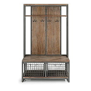 homestyles Barnside Metro Hall Tree Constructed of Mixes Media, Gray Metal Frame with Multi-toned Driftwood Finish with Two Large Storage Baskets and Four Hooks
