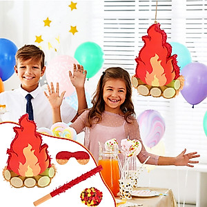Small Camping Campfire Piñata Fake Flame Party Birthday Party Decoration Camping Adventure Baby Shower Photo Props with Wooden Stick Paper Confetti Set for Kids Boys and Girls,16.1 x 10.2 x 2.8 Inch
