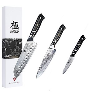 KYOKU 3.5" Paring Knife + 6'' Utility Knife +7'' Santoku Knife - Shogun Series - Japanese VG10 Steel Core Forged Damascus Blade