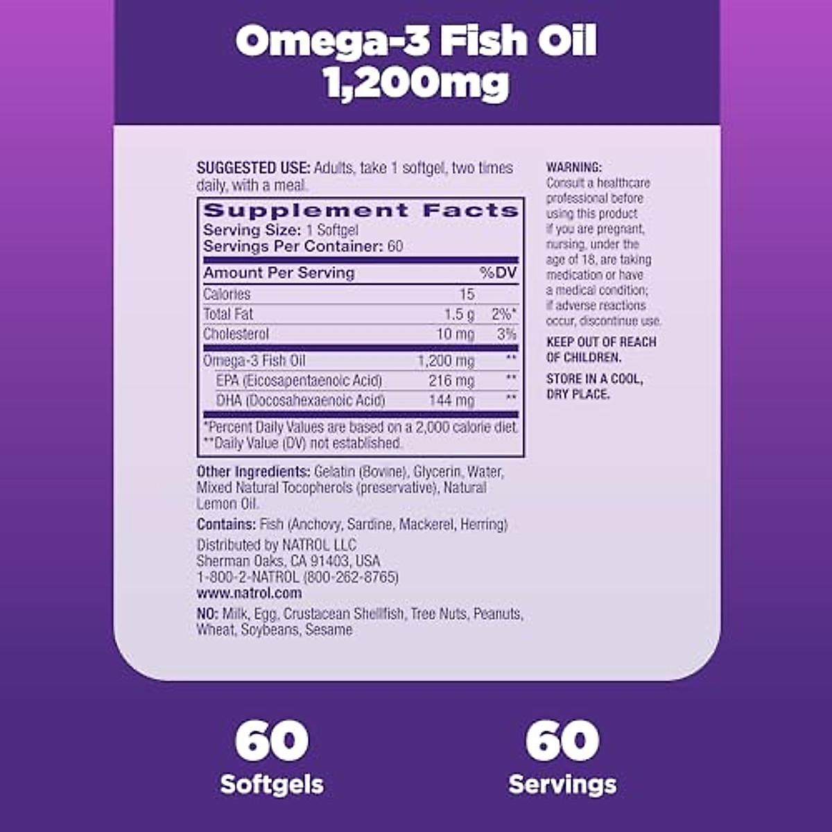 Natrol, Omega-3 Fish Oil Softgels, Heart Health Dietary Supplement, 1200 mg, 60 Count