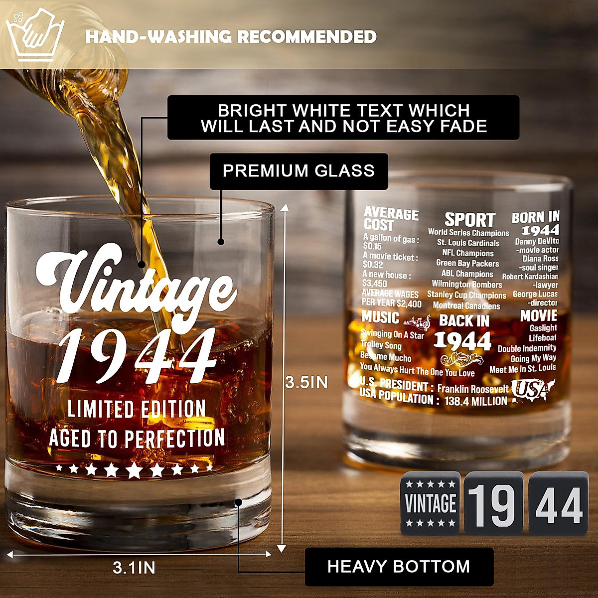 LEJIAJINW 80th Birthday Gifts for Men - 80th Whiskey Birthday Decorations Men - 80 Year Old Gifts for Men - 80th Bday Gifts Ideas for Men Dad Husband Friends - Whiskey Glasses Set Gifts for Men