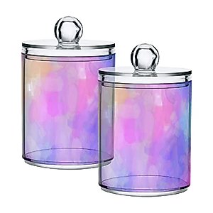 4 Pack Qtip Holder Dispenser Rainbow Tie Dye Iridescent Dharma Dye Cotton Ball Cotton Swab Cotton Round Pads Floss Clear Bathroom Storage Containers Plastic Apothecary Jars with Lids