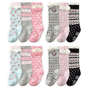 QandSweet 6 Pairs Baby Girl Knee-High Socks Toddler Princess Cute Non-skid Socks 8-36M (6 Colors)