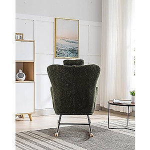 Rocking Chair for Baby Nursery, Comfy Small Rocker with Neck Rest and Pocket, Modern Upholstered Accent High Back Armchair for Living Room, Bedroom, and Office (Dark Green)