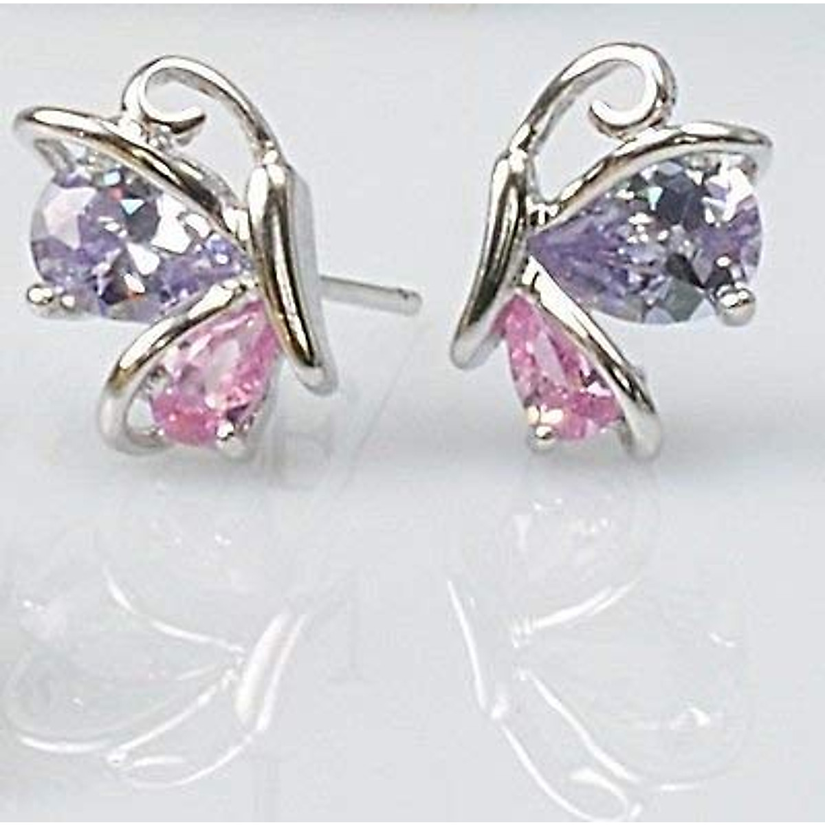 Crystalline Azuria Butterflies Stud Earrings with Pink Purple Violet Zirconia Crystals 18K White Gold Plated for Women