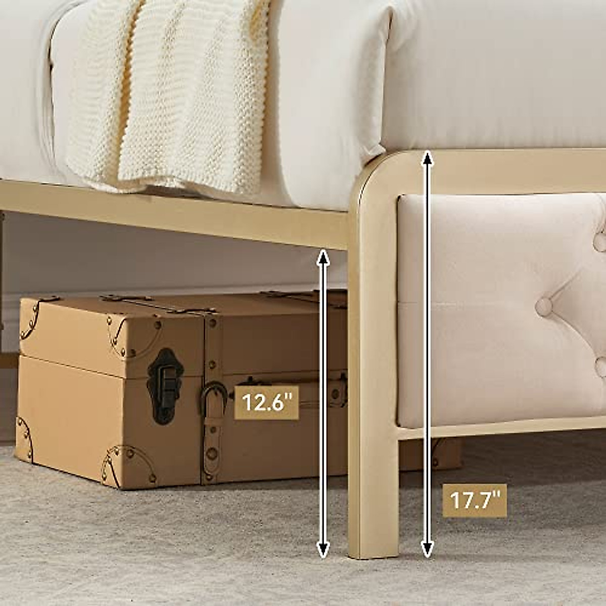 Amyove Golden Queen Size Bed Frame,Upholstered Bed Frame with Button Tufted Headboard,Heavy Duty Metal Easy Assembly,No Box Spring Needed (Beige, Queen)