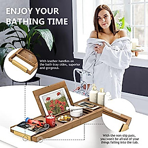 Bathtub Tray Bath Caddy Tray for Tub - Expandable Board and Book Stand Premium Leather Grip and Non-Slip Pat for Luxury Bath Bamboo Bathtub Table Tray for Home Spa and Gift Choice (Walnut)