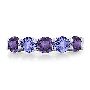 Gem Stone King 925 Sterling Silver Purple Amethyst and Blue Tanzanite Wedding Band Ring For Women (0.81 Cttw, Round 3.5MM, Gemstone February Birthstone, Available In Size 5, 6, 7, 8, 9)