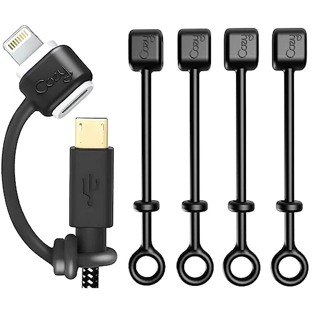 Cozy [5-Pack] Charging Cable Adapter Keeper/Holder/Tether, Compatible with (USB-C, Micro USB, Apple Pencil) adapters | Perfect for Keychain, Car, Travel (Black - 5 Pack)