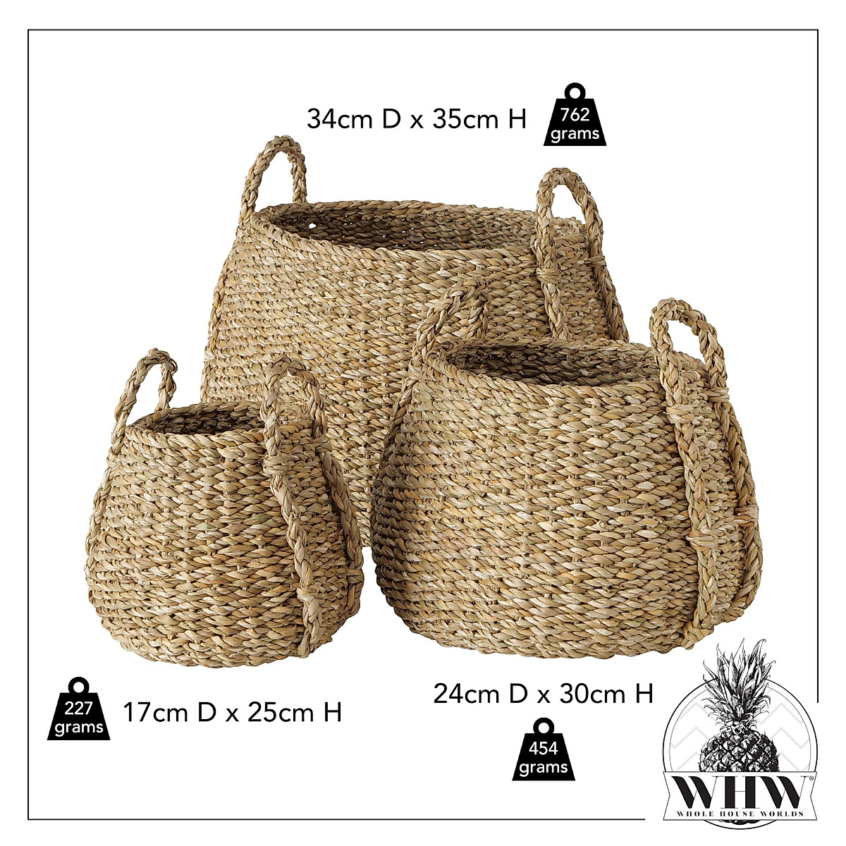 Made by Nature Handwoven Belly Baskets, Set of 3, Chunky Weave, Seagrass, 9.75, 11.75, and 13,75 Inches Tall