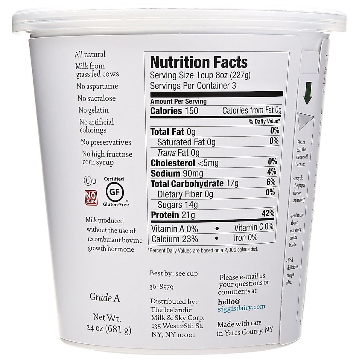 siggi’s Icelandic Strained Nonfat Yogurt, Vanilla, 24 oz. – Thick, Protein-Rich Yogurt Snack