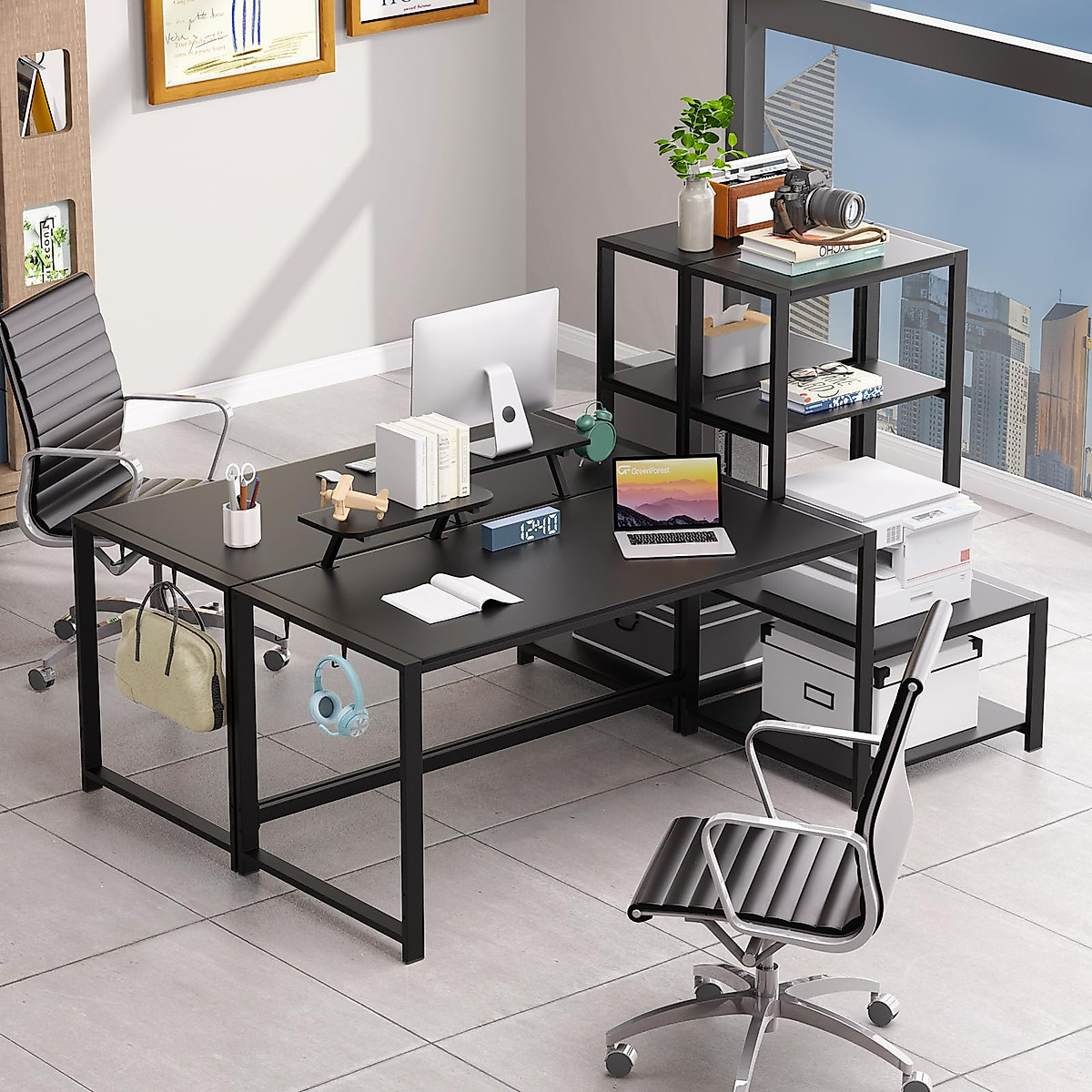 GreenForest Computer Desk with Storage Printer Shelf,67 inch Reversible Home Office Desk Large Study Writing Table with Movable Monitor Stand and 2 Headphone Hooks for PC Gaming Working, Black