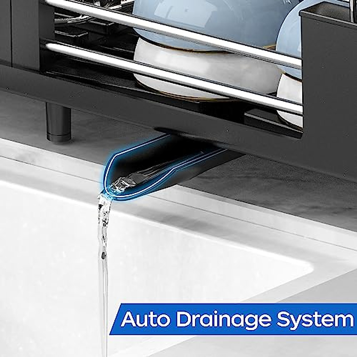 ROTTOGOON Expandable Dish Drying Rack, Stainless Steel Rustproof Dish Rack for Kitchen Counter, (12.8"-19.1") Dish Drainer with Drainage, Utensil Holder, Cup Holder for Various Kitchenware, Black