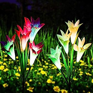 Qunlight 2 Outdoor Solar Stake Flower Lights - 2 Pack Solar Powered Decorative Lights with 8 Lily Flower, Multi-Color Changing LED for Garden, Lawn,Patio, Pond,Backyard, etc(Purple and White)